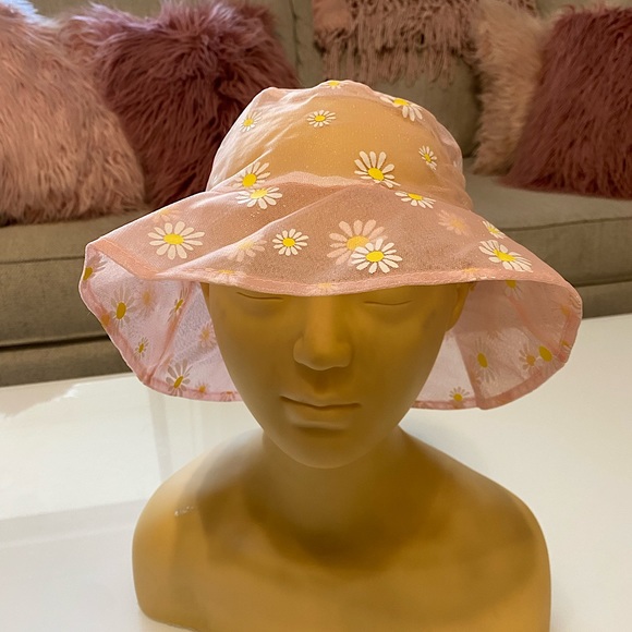 Accessories | Pink Sheer Bucket Hat With Daisies | Poshmark
